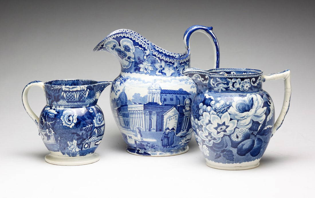 Three Blue Transfer Pitchers. Auction