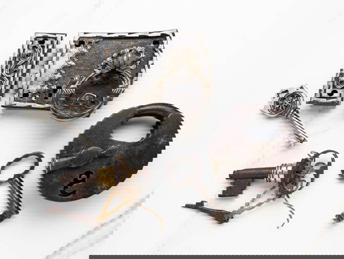 Three Antique Locks And Keys.