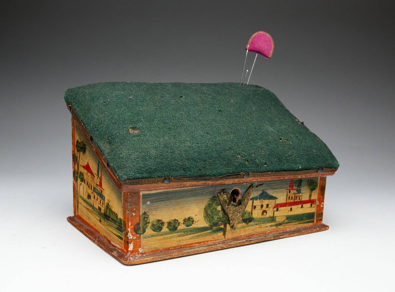 Paint-decorated Pine Box With Pincushion Top. Auction