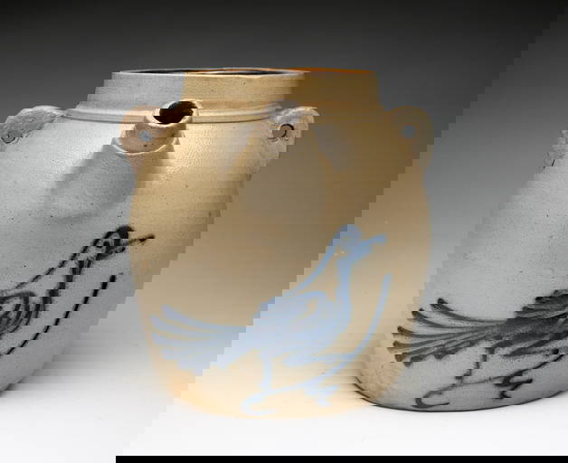 Freehand Decorated Stoneware Batter Jug With Bird On Branch.