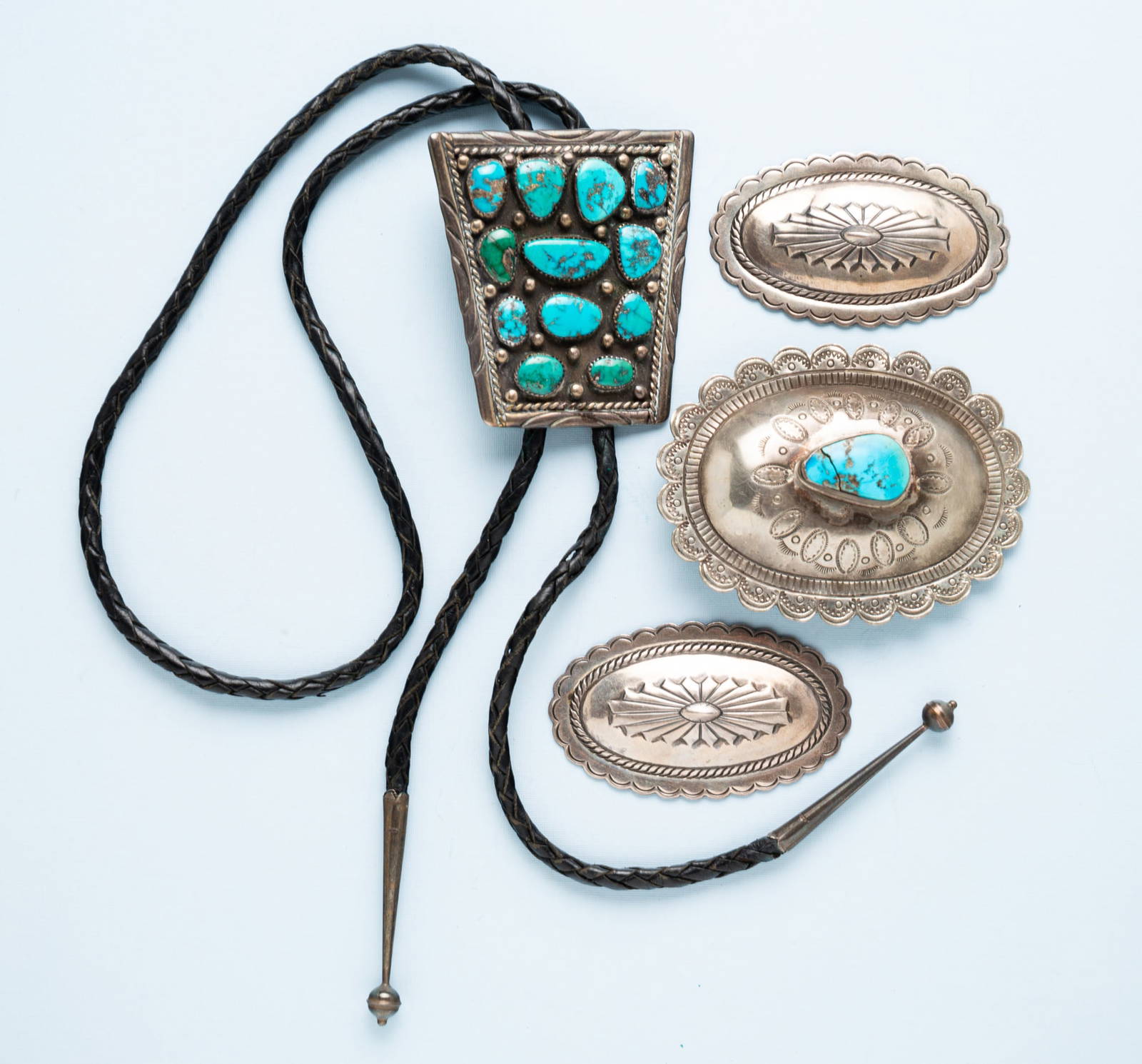 Vintage Native American Bolo Tie And Three Slides. Auction
