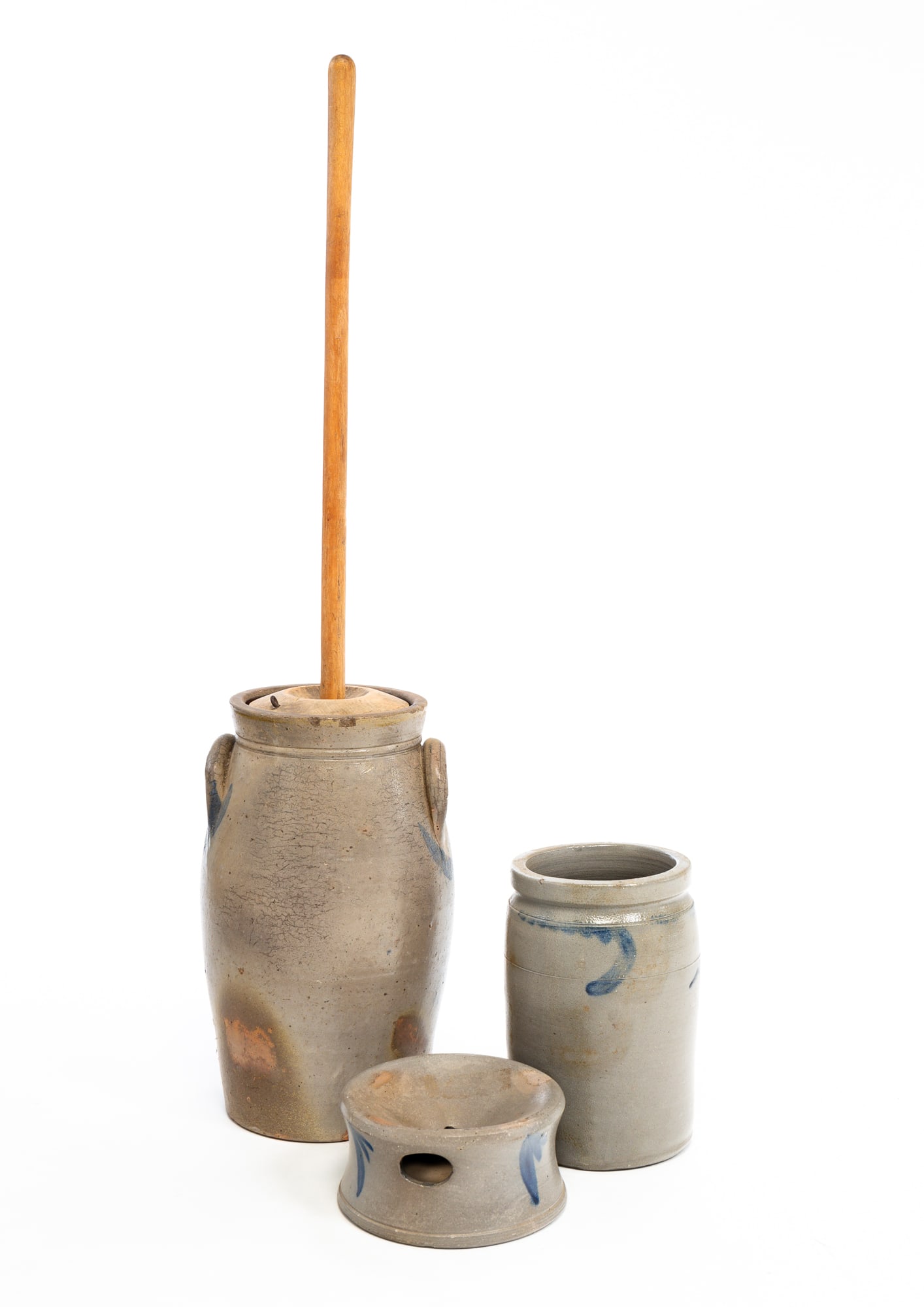 Cobalt-decorated Stoneware Churn, Jar, Spittoon. Auction
