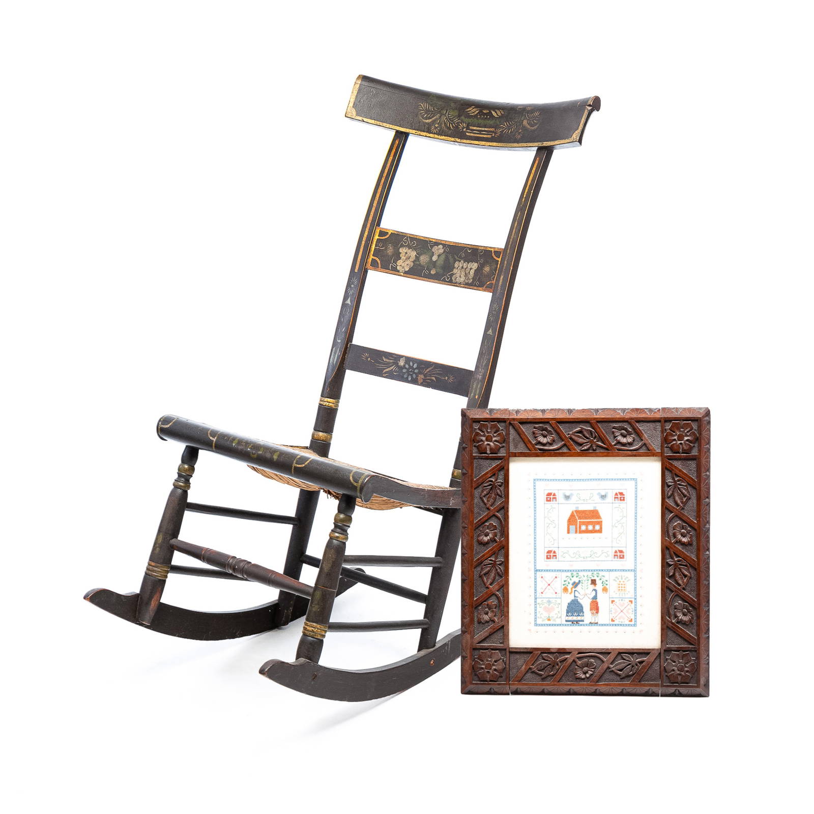Sheraton Decorated Rocking Chair And Carved Frame. Auction