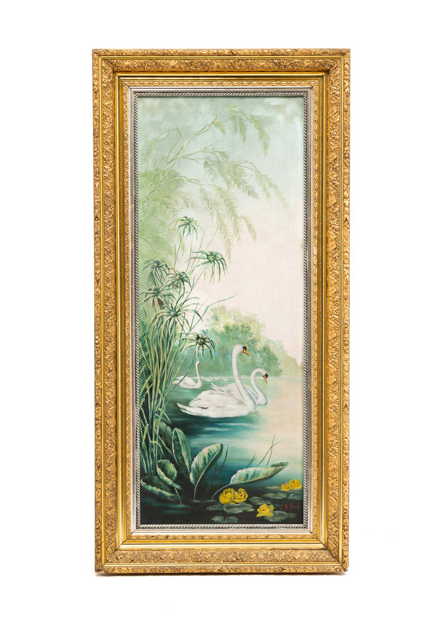 Pondscape With Swans Signed L.m. Streep. Auction