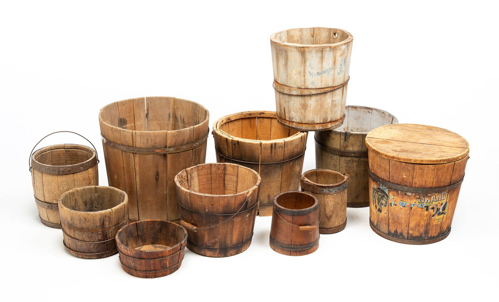 Group Of Eleven Stave Constructed Wood Buckets. Auction