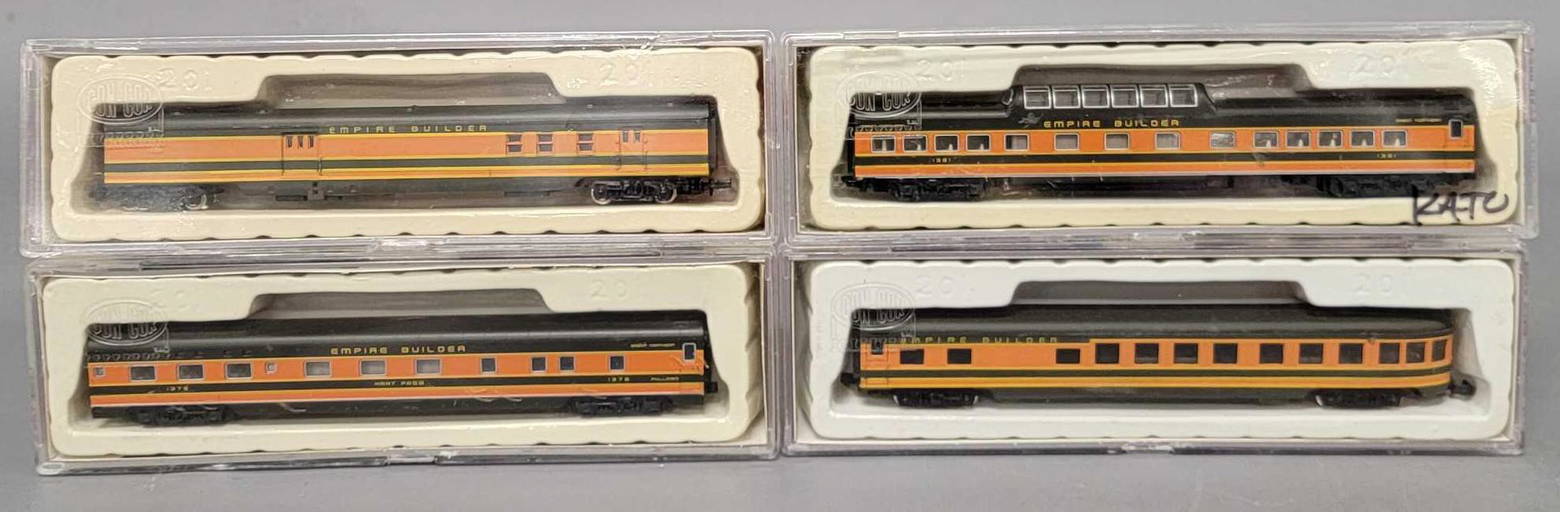 four N scale Con-Cor and Kato Great Northern passenger cars in boxes ...