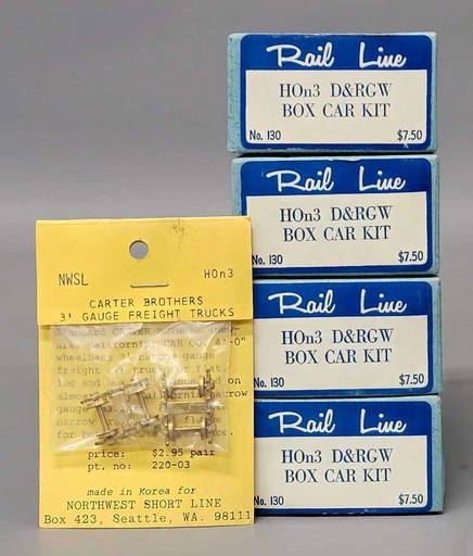 Four Rail Line HOn3 D&RGW box car kits plus NWSL set of brass trucks ...