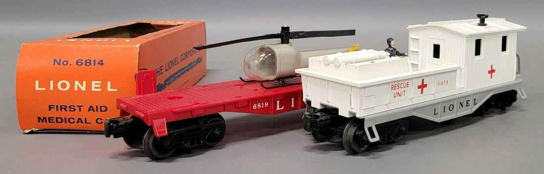 Lionel postwar O 6814 first aid caboose in original box plus 6819 flat ...