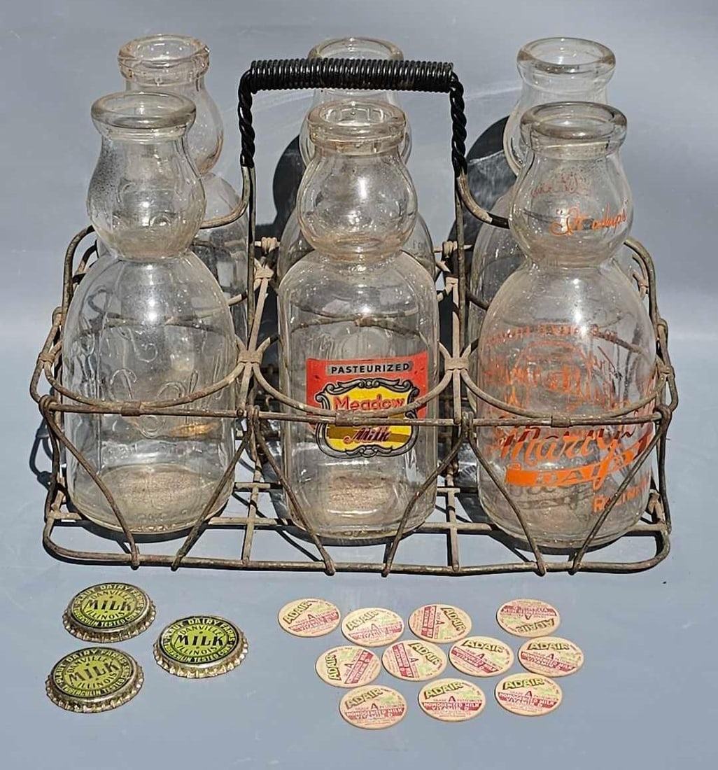 Wire Metal Rack With Six Vintage Milk Bottles