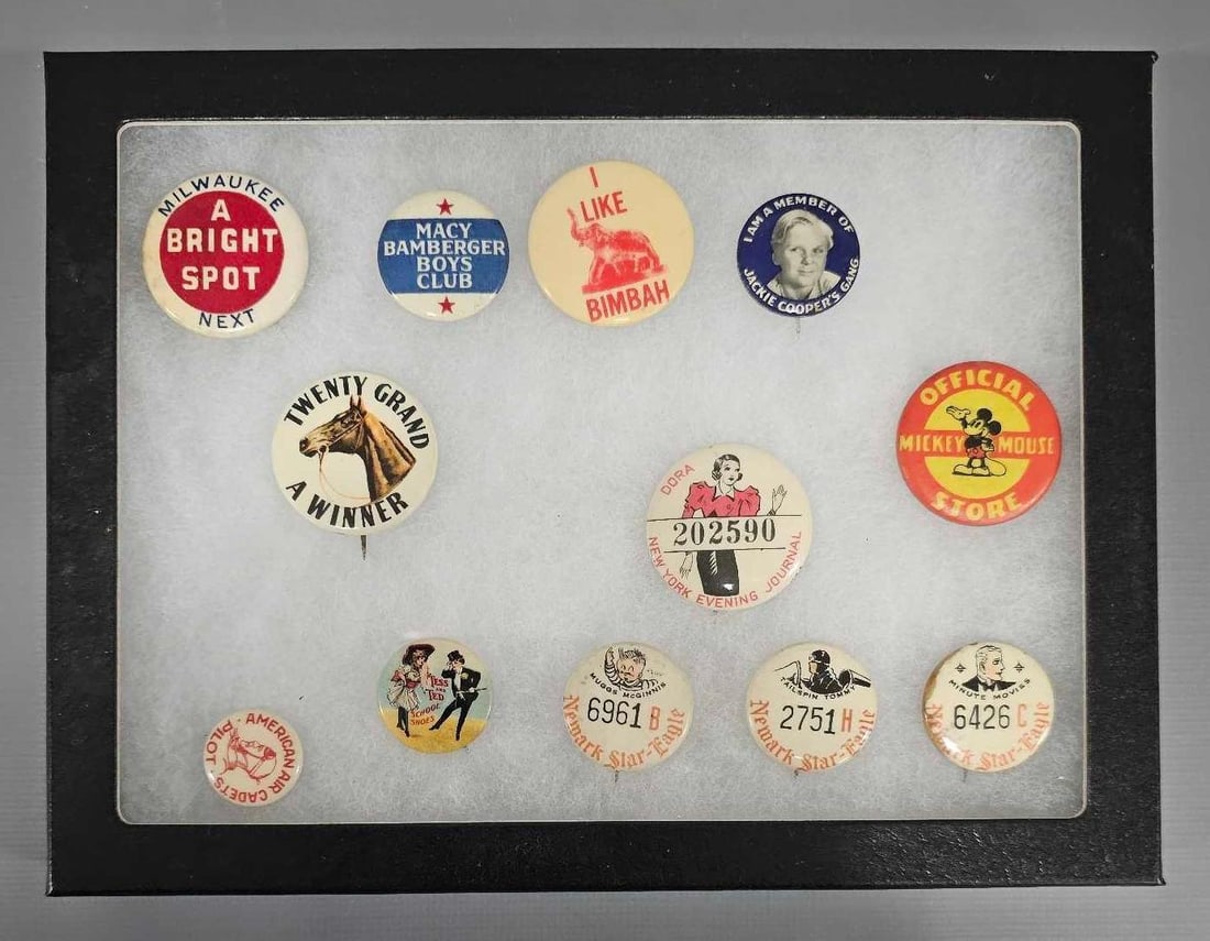 Twelve Vintage Pinbacks In A Frame