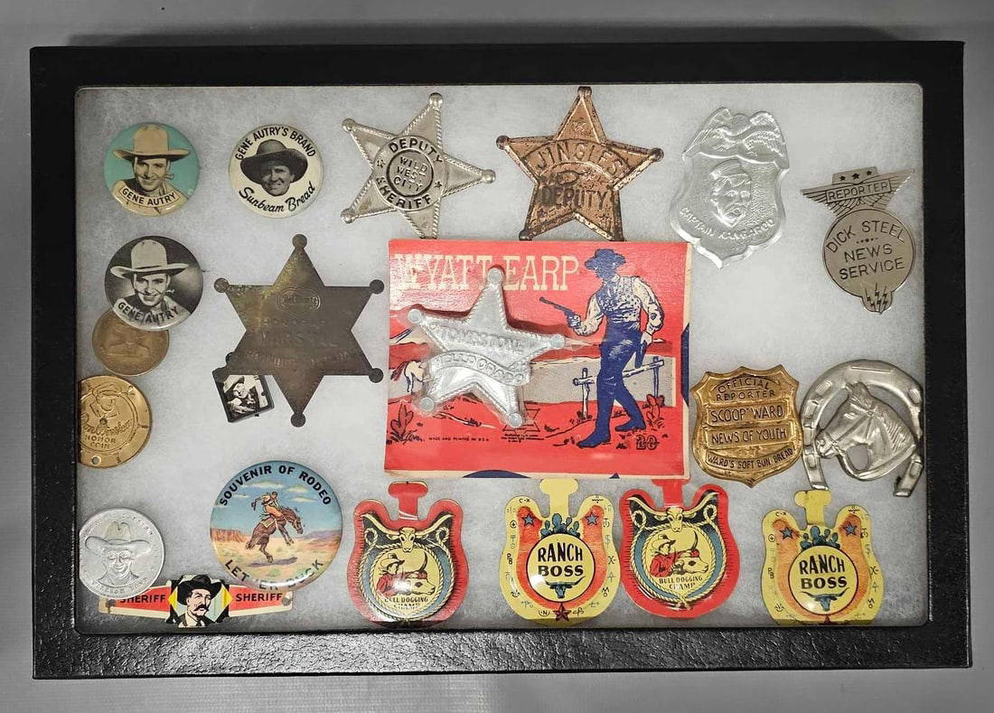 Great Group Of Vintage Pinbacks, Badges Coins And Buttons In Frame Auction