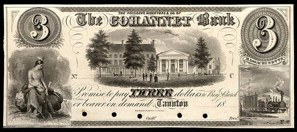 Ma Taunton. Cohannet Bank. $3. 1830s.
