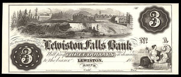 Me Lewiston Lewiston Falls Bank $3 1850s
