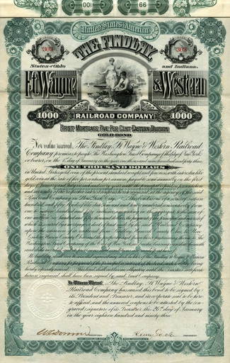 Findlay Ft. Wayne & Western Rr 1893 $1000