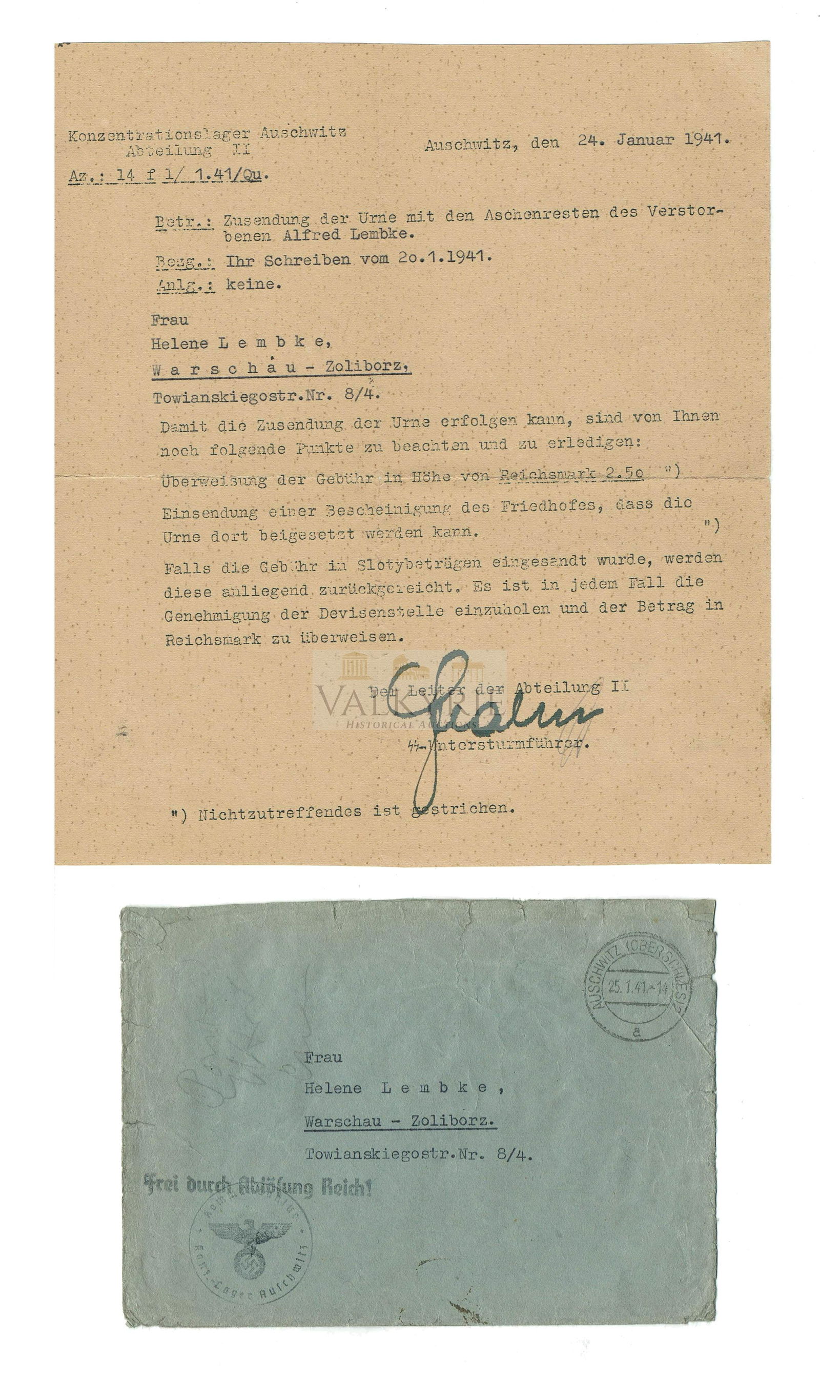 Kl Auschwitz Letter About Ashes Urn Maximilian Grabner