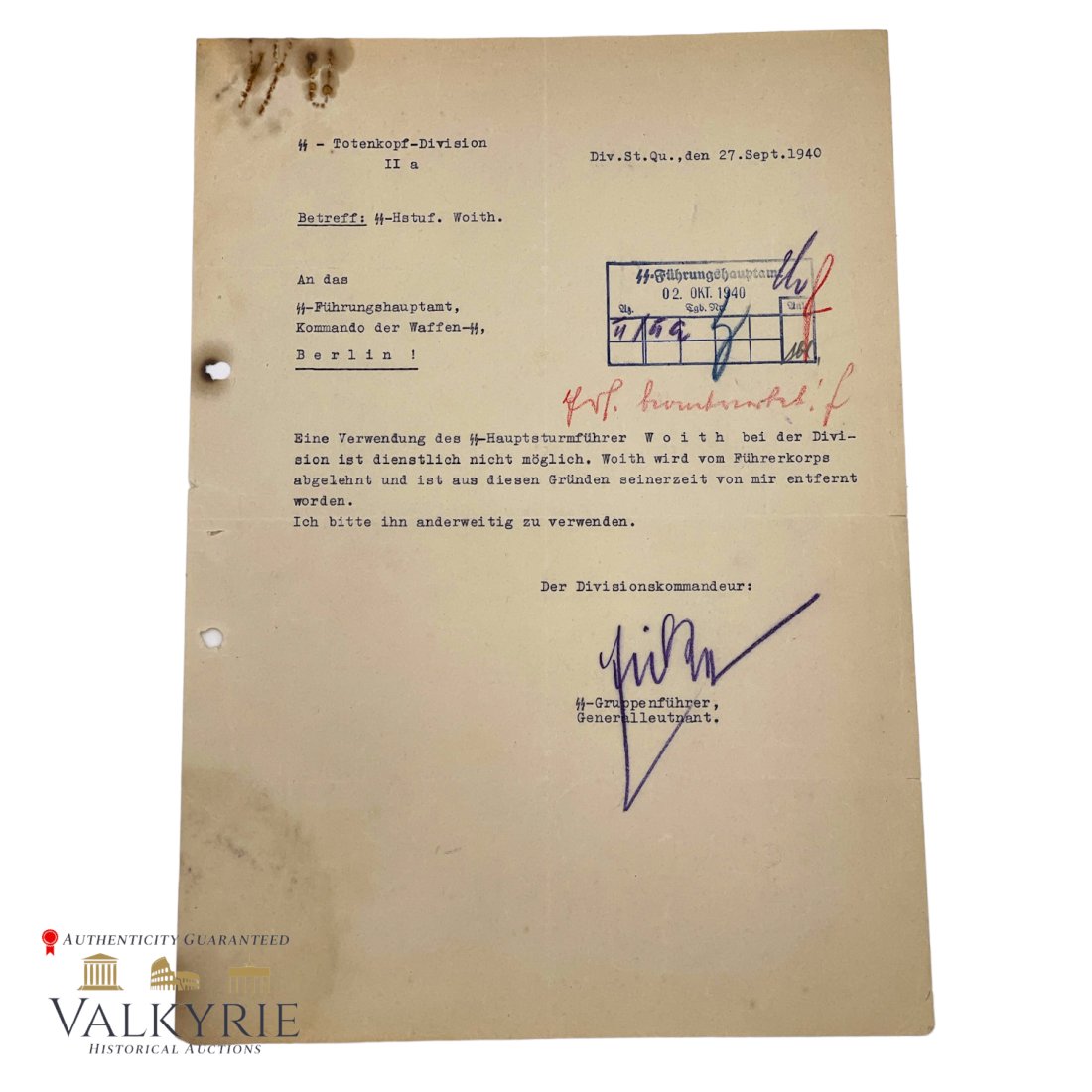 Theodore Eicke Signed Ss Totenkopf Division Document