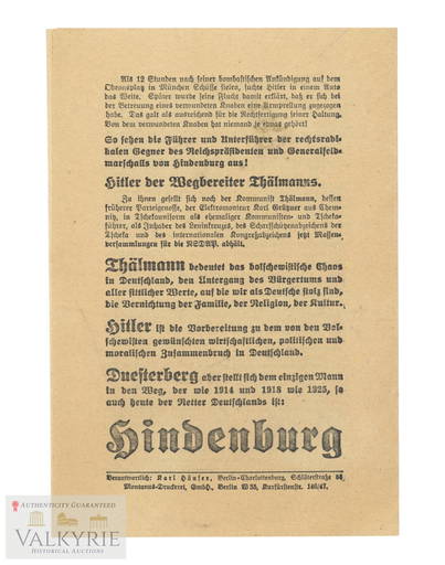 Hindenburg's Party Electoral Propaganda Leaflet "The Savior of Germany ...