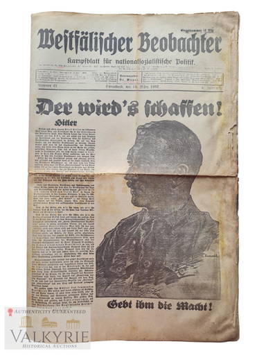 Pro Nazi Newspaper "wesfalischer Beobachter" "he Will Achieve It ...