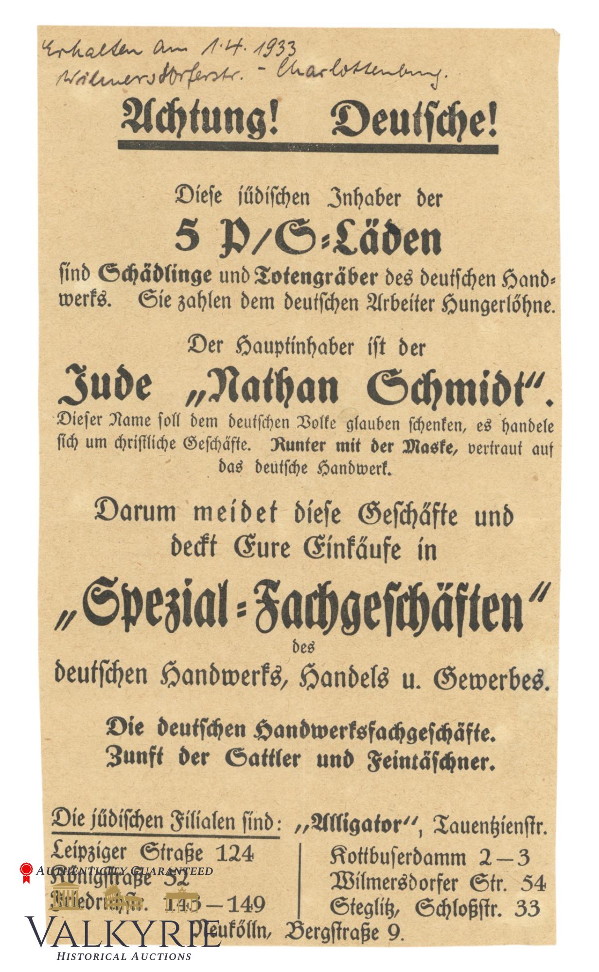 Nazi Propaganda Leaflet That Calls To Boycott Of Jewish Shops And ...