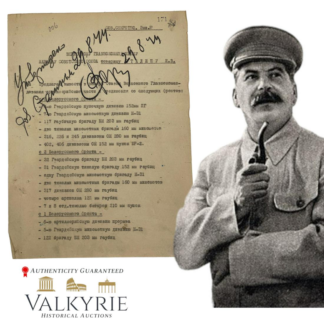 Joseph Stalin Signed Document From Wwii - Top Secret Content Auction