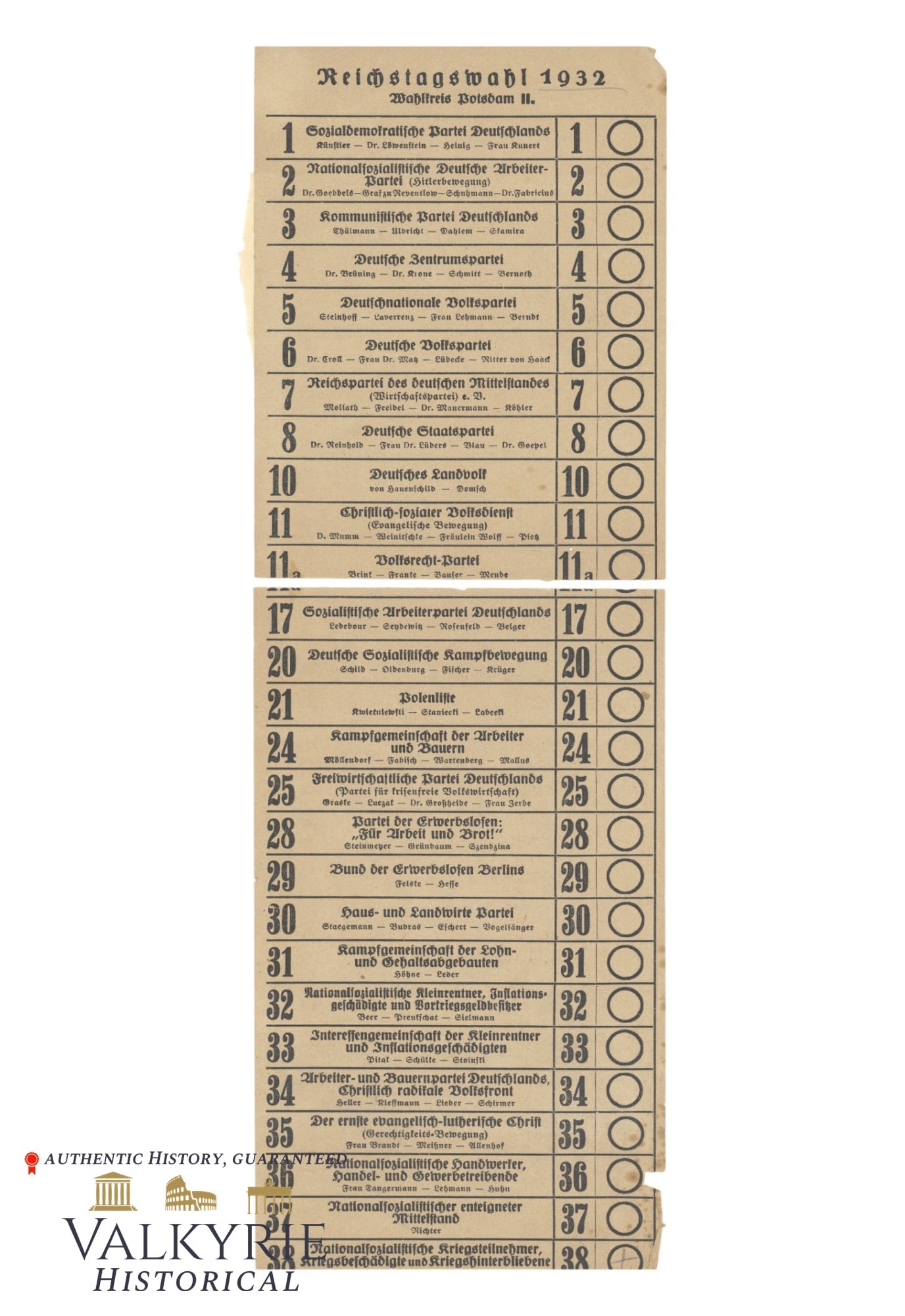 Nazi German 1932 Elections Ballot With All The Parties That Were Eligible