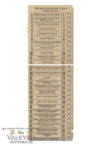 Nazi German 1932 Elections Ballot With All The Parties That Were Eligible