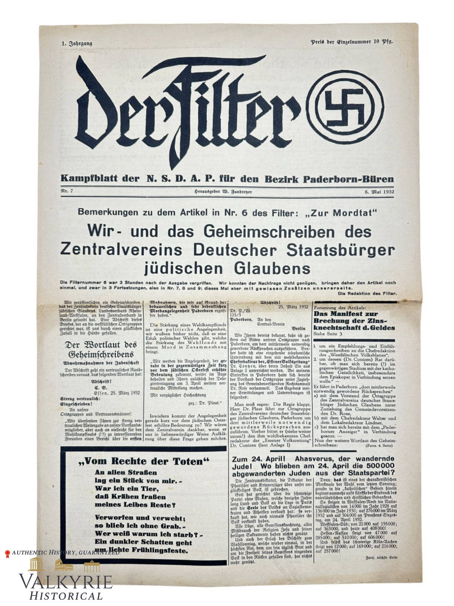 Nazi Newspaper "der Filter" - Nsdap Fighting Tabloid Paderborn-buren ...