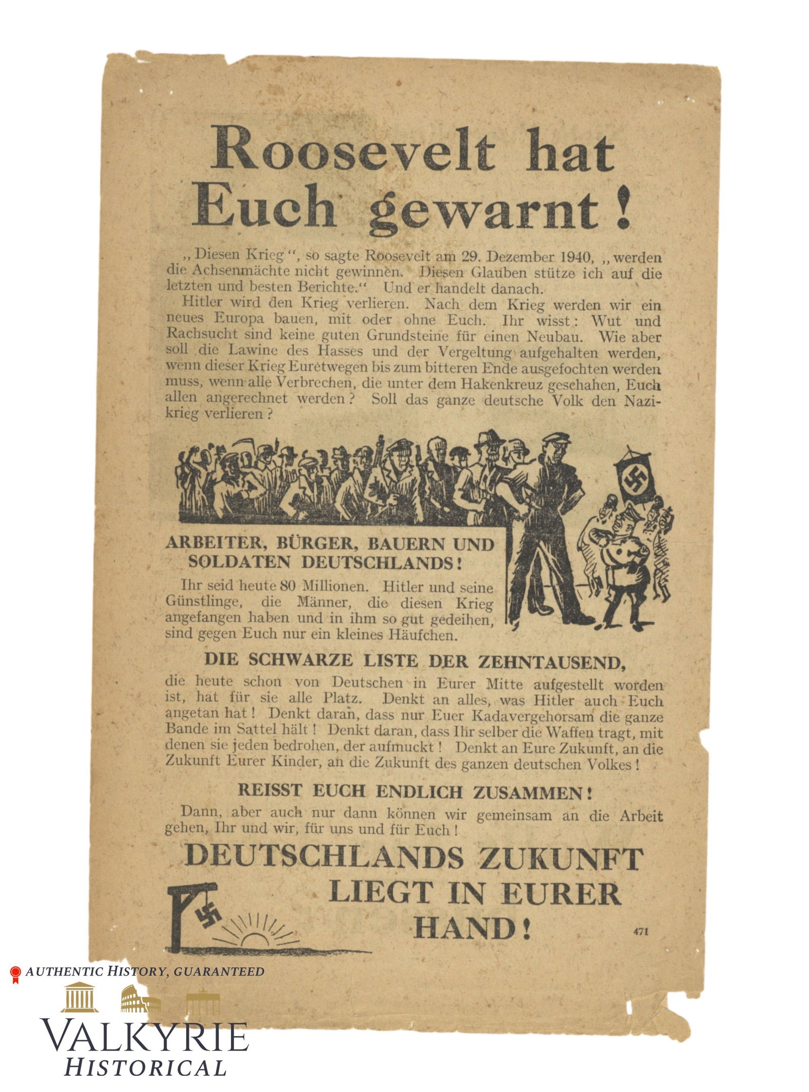 Allied War Propaganda Leaflet For German People "roosevelt Warned You!"
