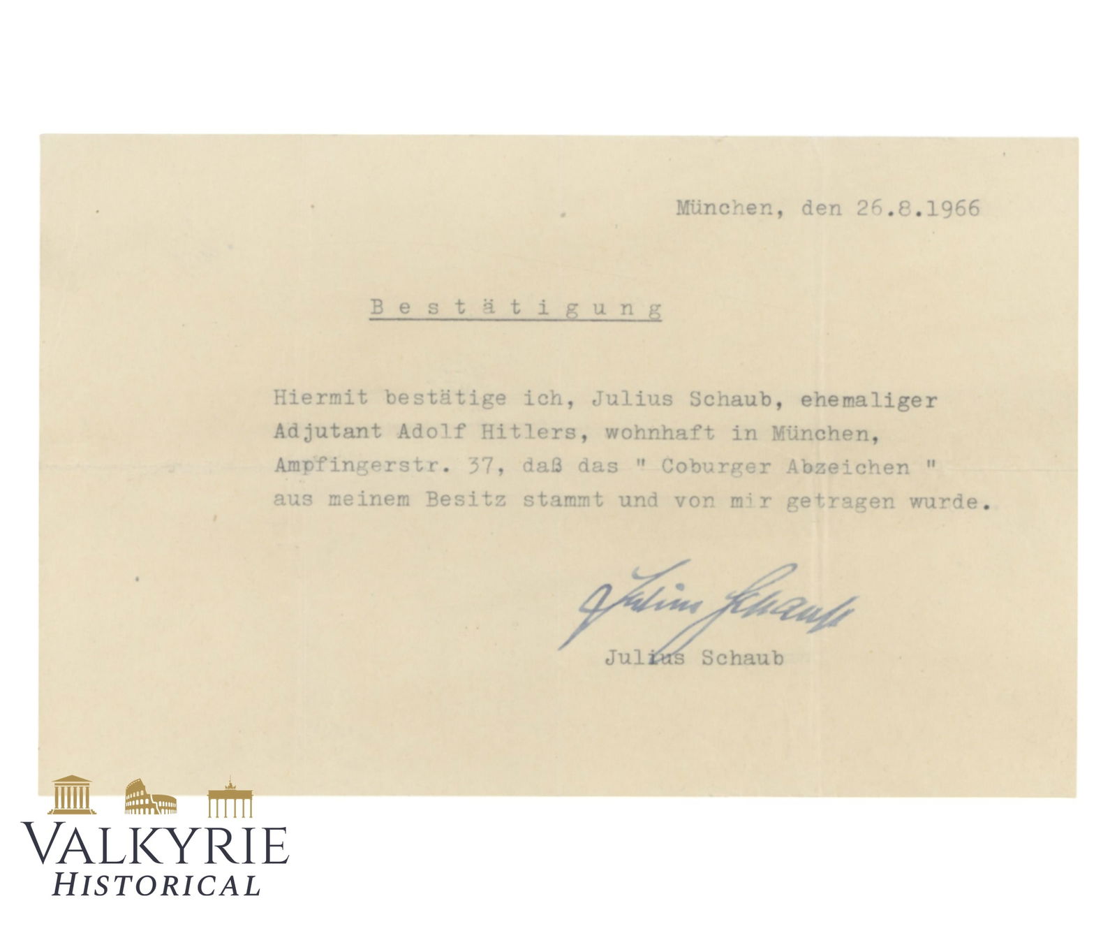Certificate Signed By Former Hitler's Adjuntant Julius Schaub Stating ...