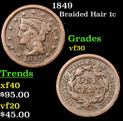 1849 Braided Hair Large Cent 1c Grades Vf++
