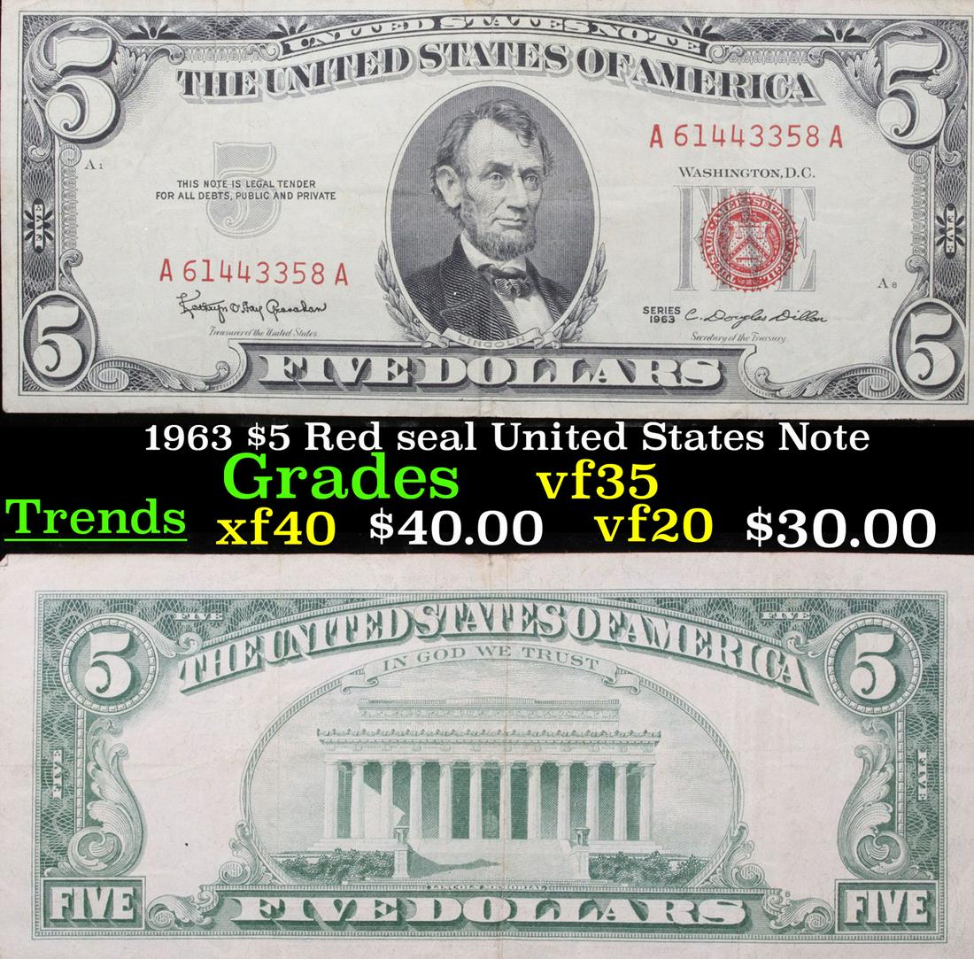 1963 $5 Red Seal United States Note Grades Vf++