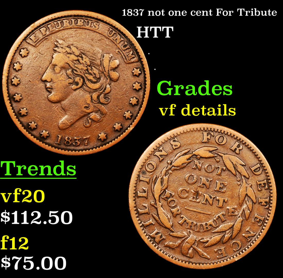 1837 Not One Cent For Tribute Hard Times Token 1c