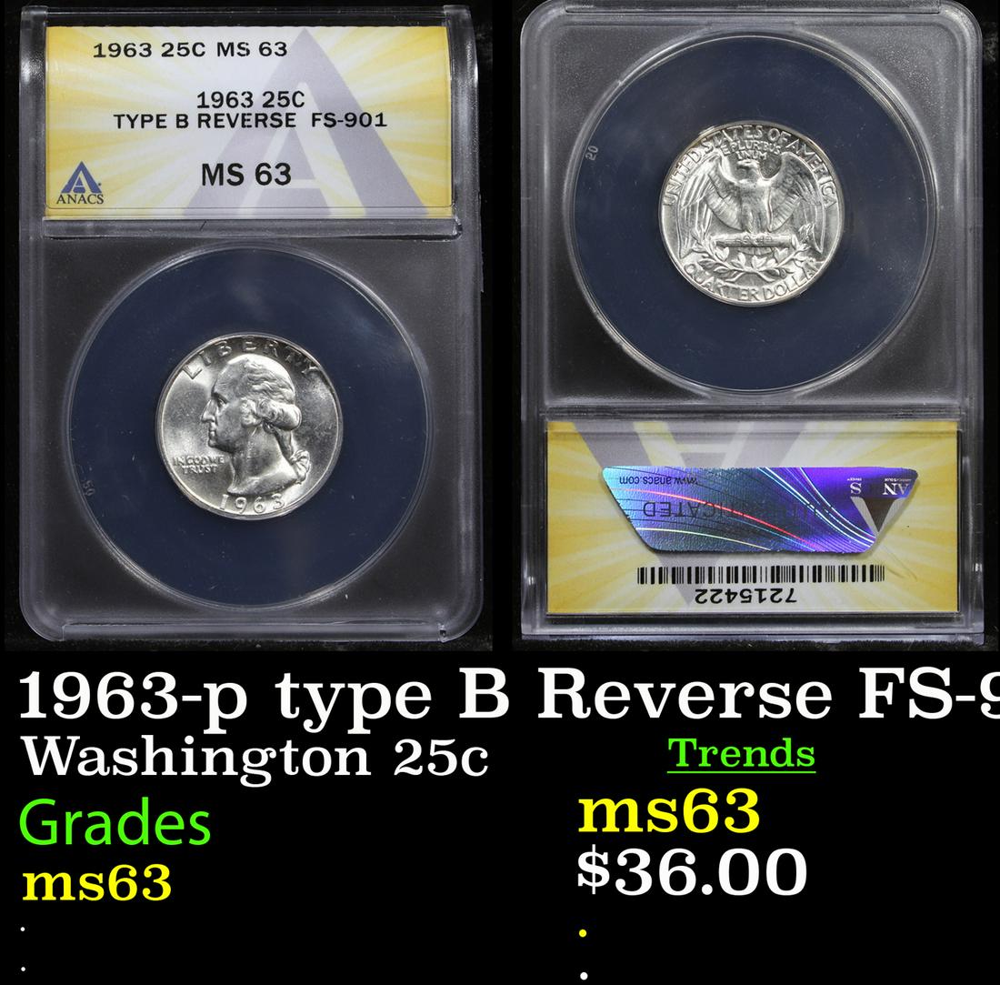 1963 P Type B Reverse Fs 901 Washington 25c Graded Ms63
