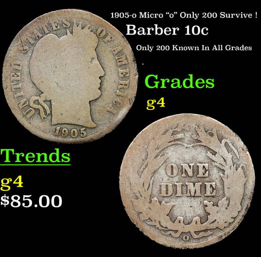 1905 O Micro "o" Barber Dime Only 200 Survive ! 10c Grades G, Good