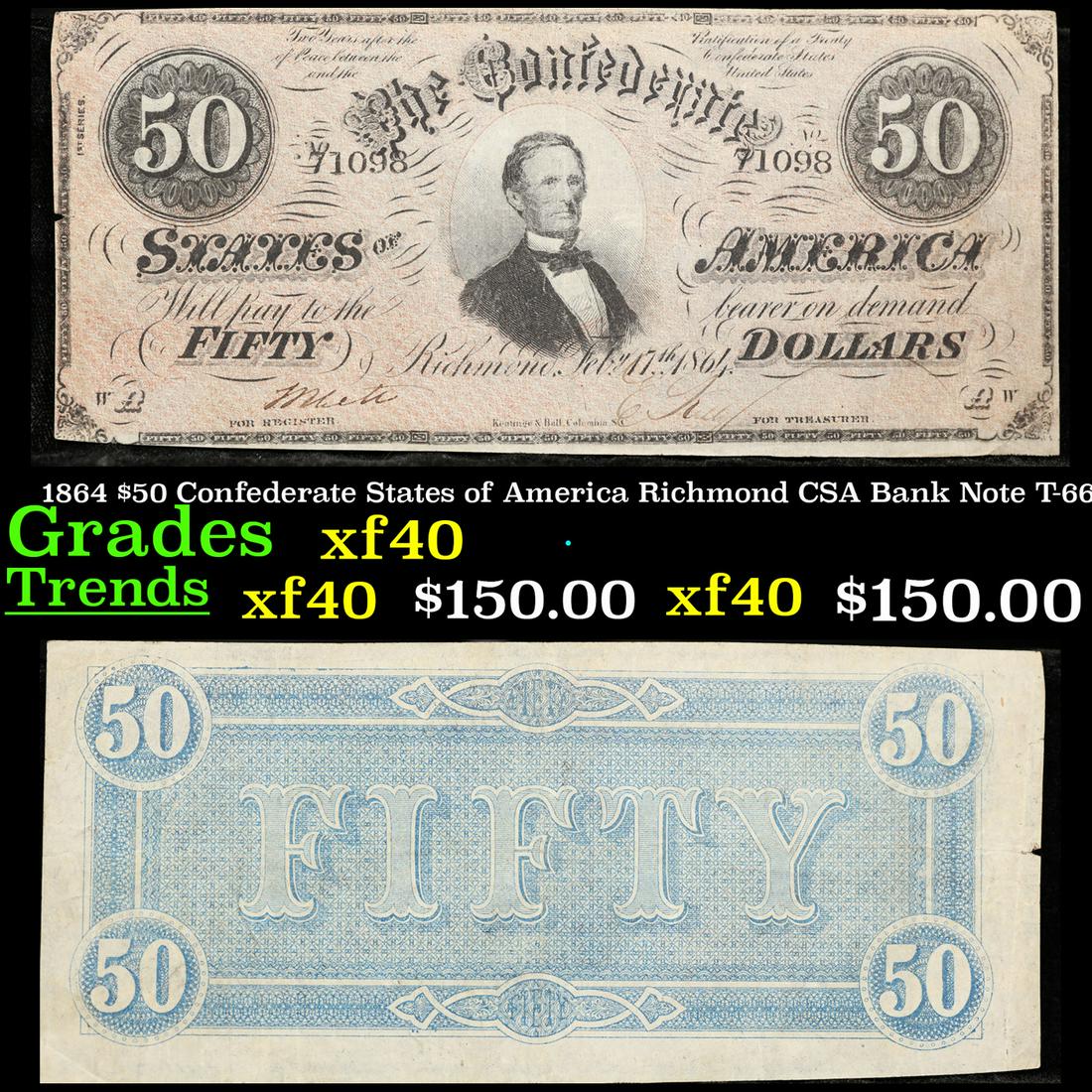 1864 $50 Confederate States Of America Richmond Csa Bank Note T 66 ...