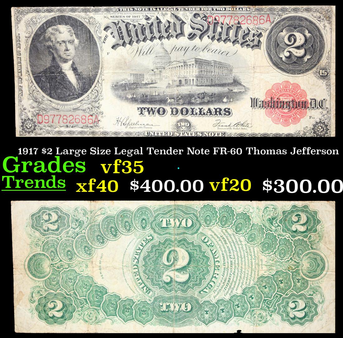 1917 $2 Large Size Legal Tender Note Fr 60 Thomas Jefferson Grades Vf++