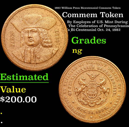 1882 William Penn Bicentennial Commem Token Grades Ng
