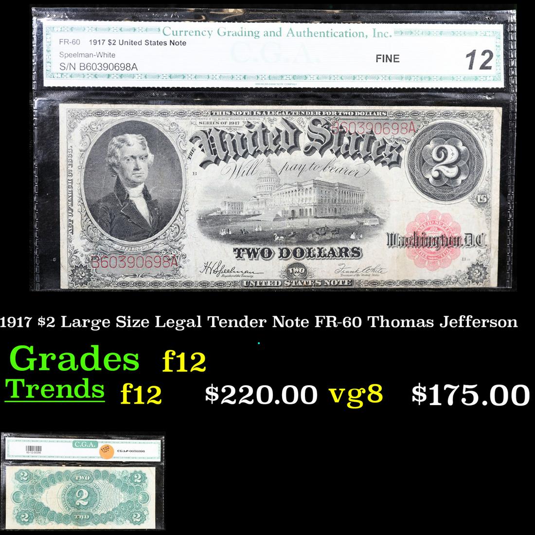 1917 $2 Large Size Legal Tender Note Fr 60 Thomas Jefferson Graded F12 ...