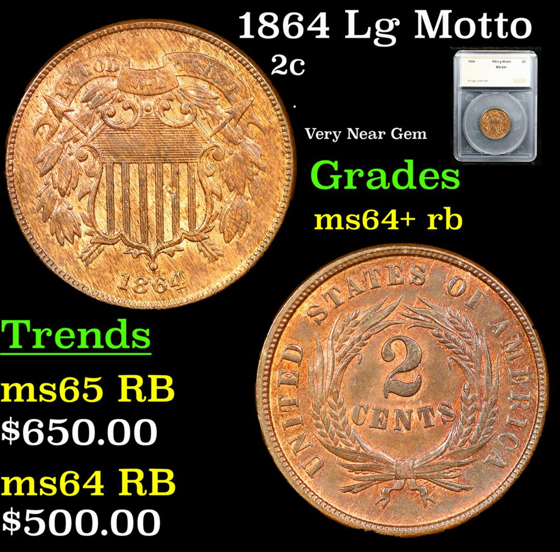 1864 Lg Motto Two Cent Piece 2c Graded Ms64+ Rb By Segs