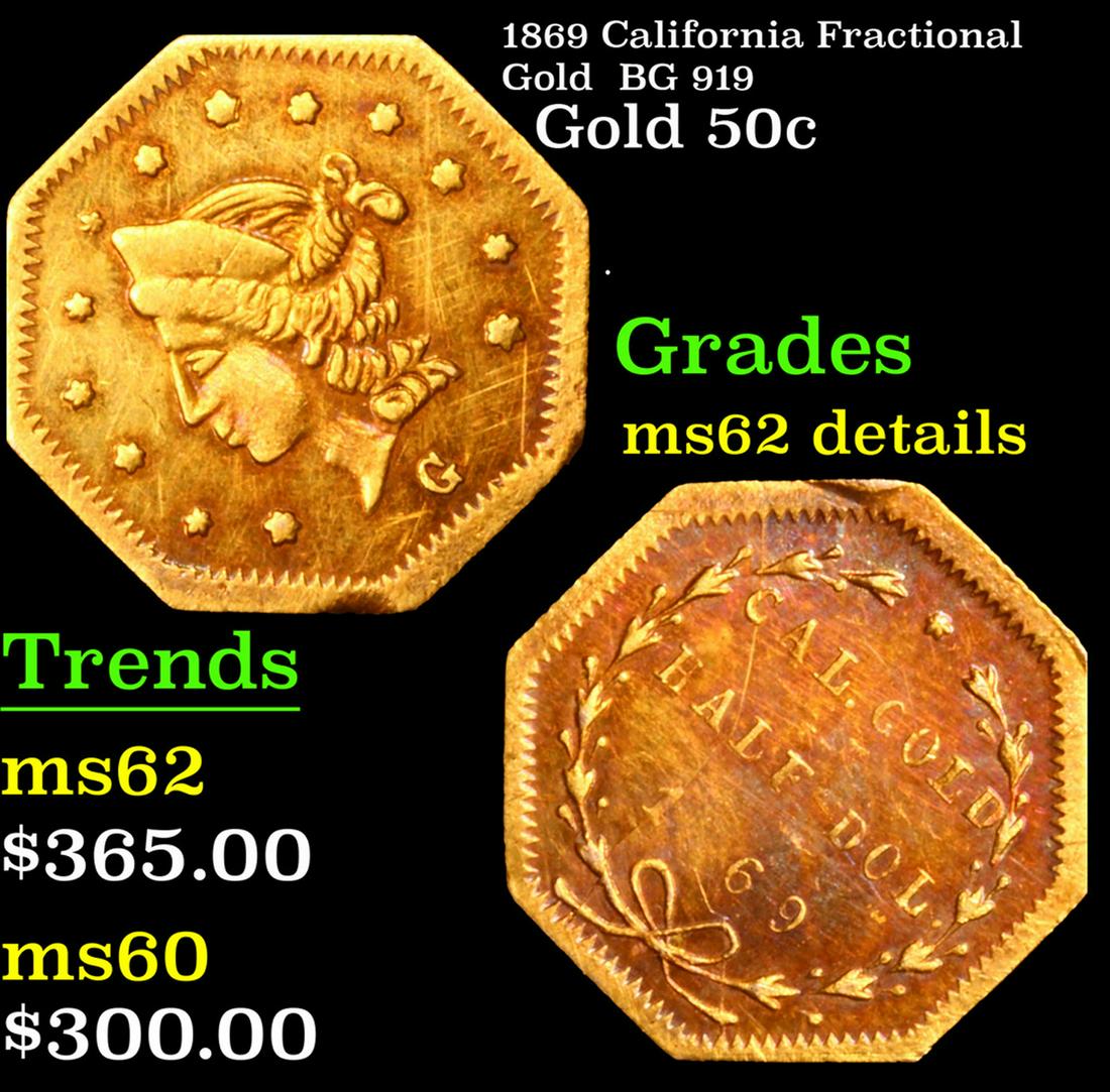 1869 California Fractional Gold Bg 919 50c Grades Unc Details