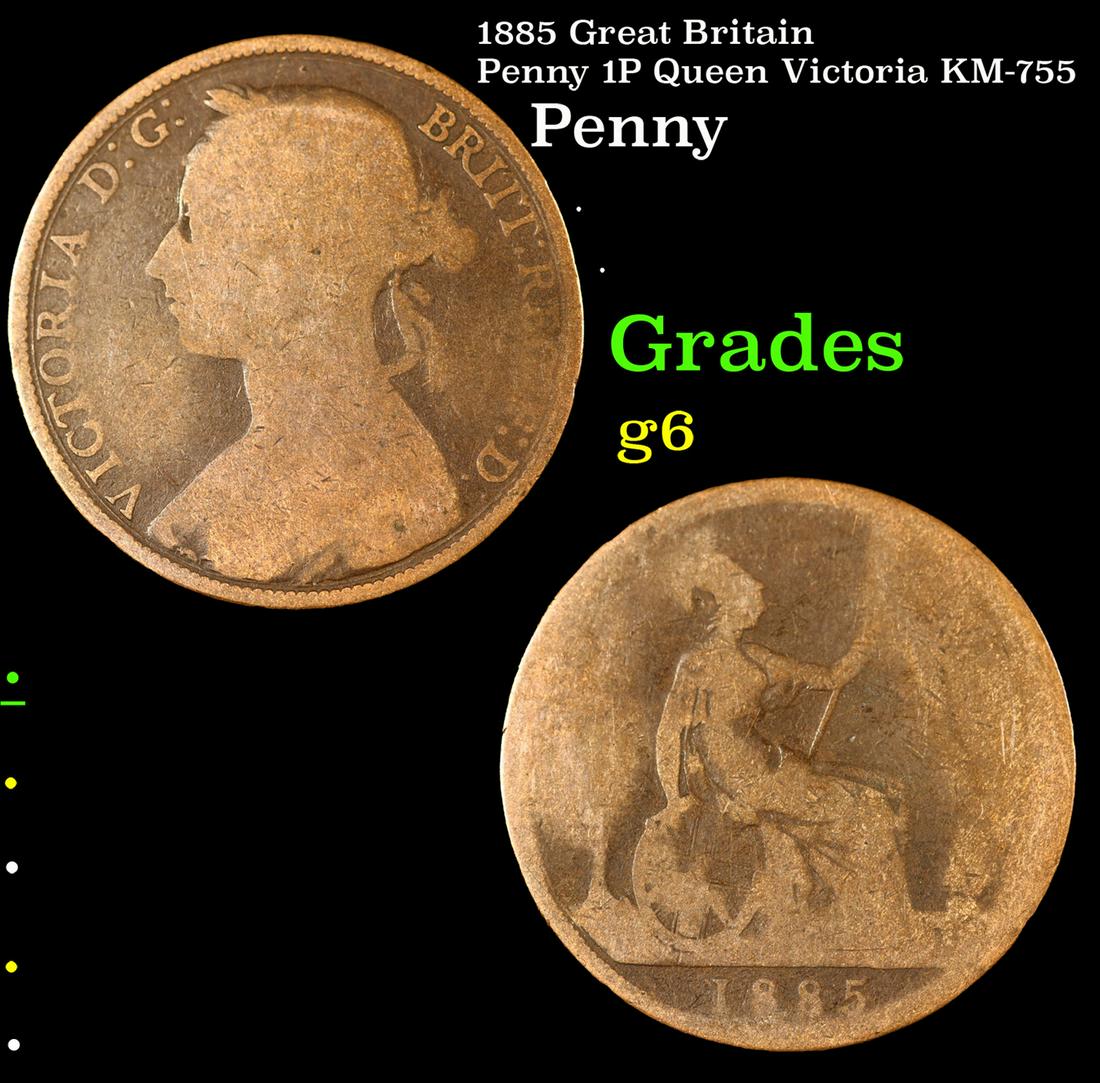 1885 Great Britain Penny 1p Queen Victoria Km 755 Grades G+