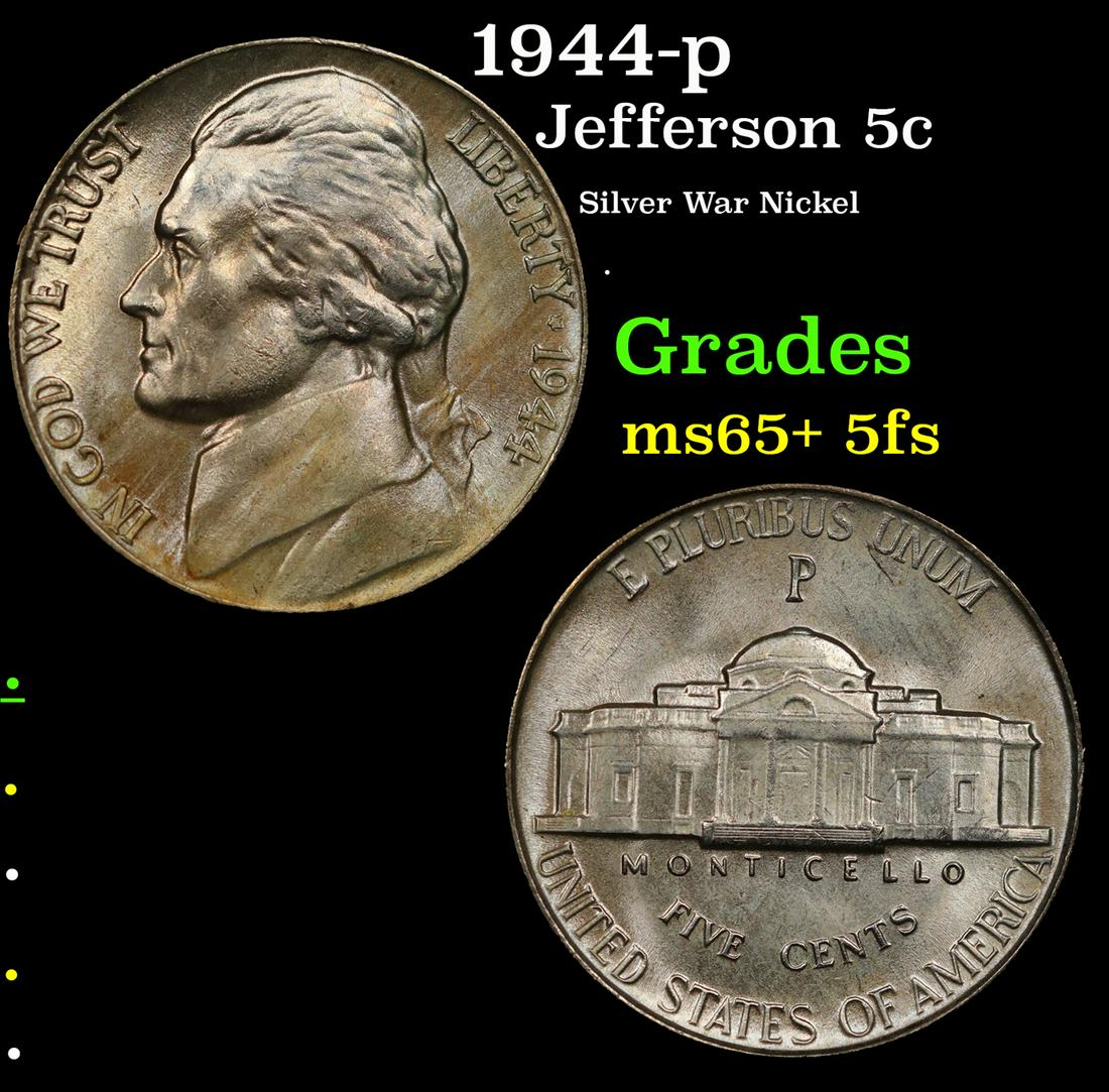 1944 P Jefferson Nickel 5c Grades Gem+ 5fs