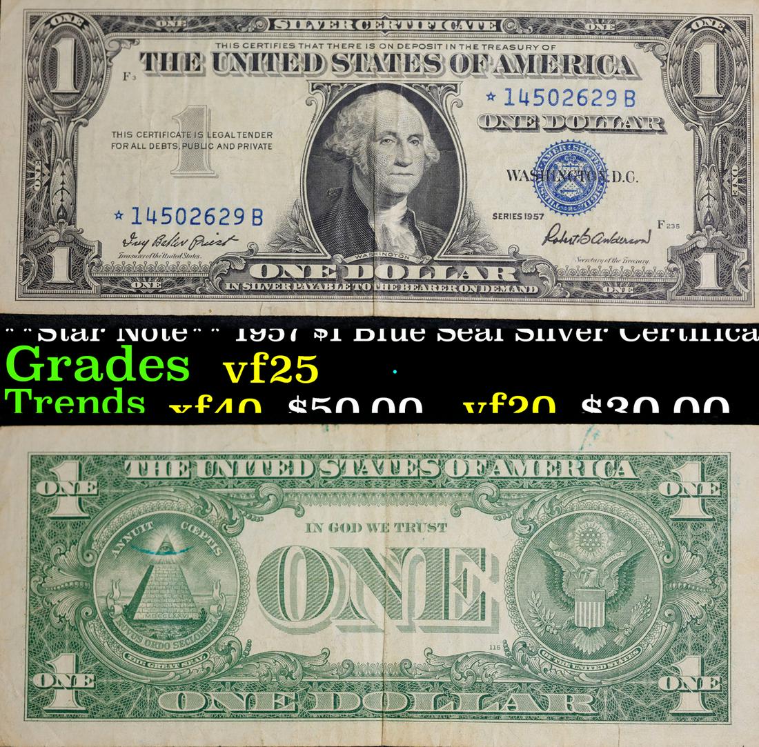 **star Note** 1957 $1 Blue Seal Silver Certificate Grades Vf+