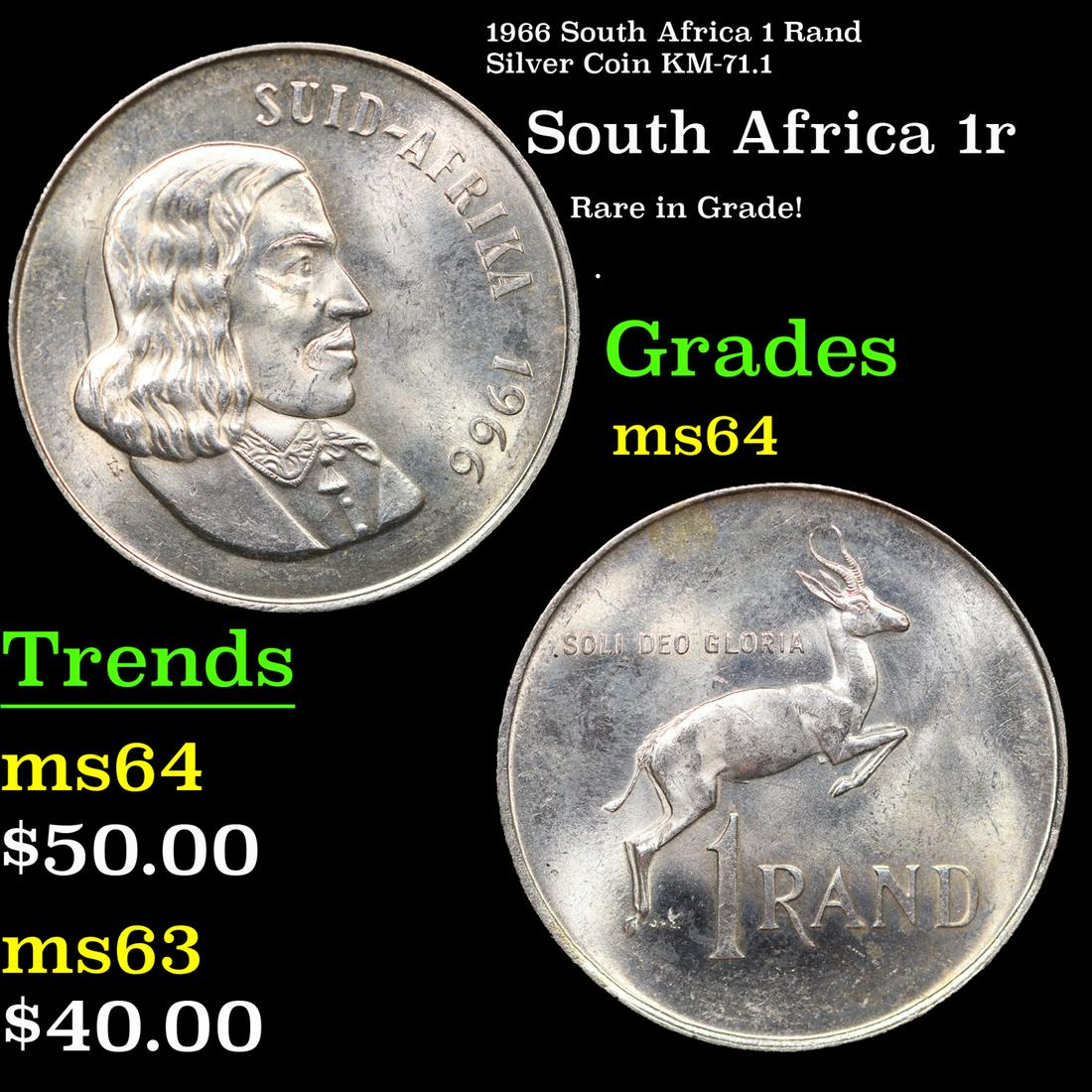 1966 South Africa 1 Rand Silver Coin Km 71.1 Grades Choice Unc