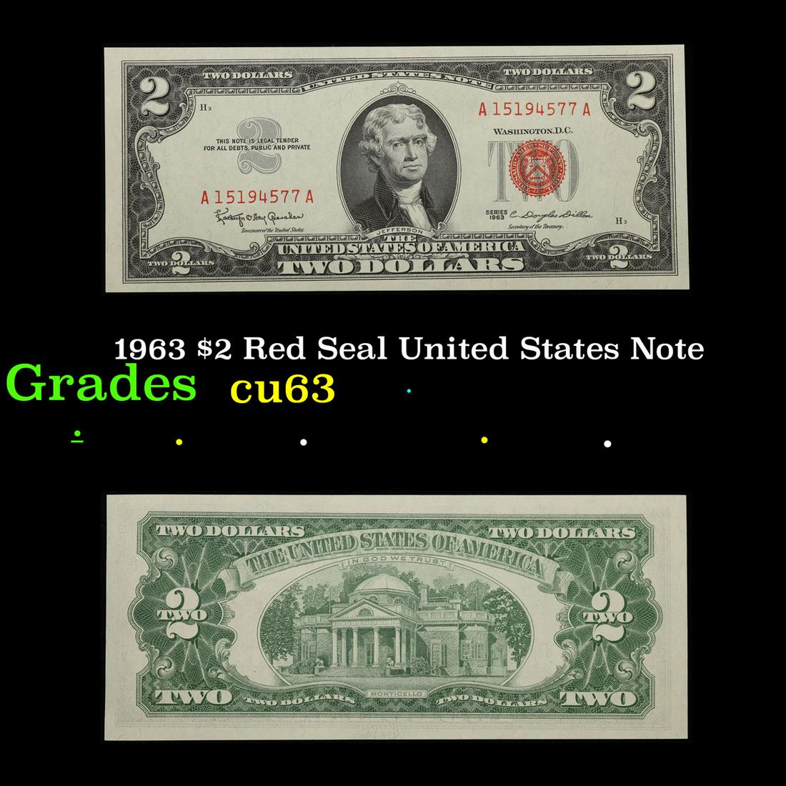 1963 $2 Red Seal United States Note Grades Select Cu