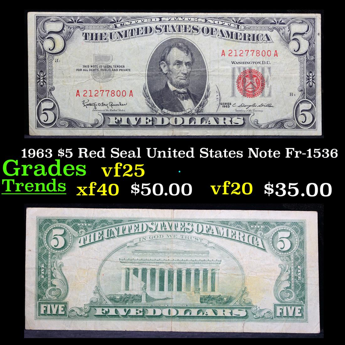 1963 $5 Red Seal United States Note Fr 1536 Grades Vf+
