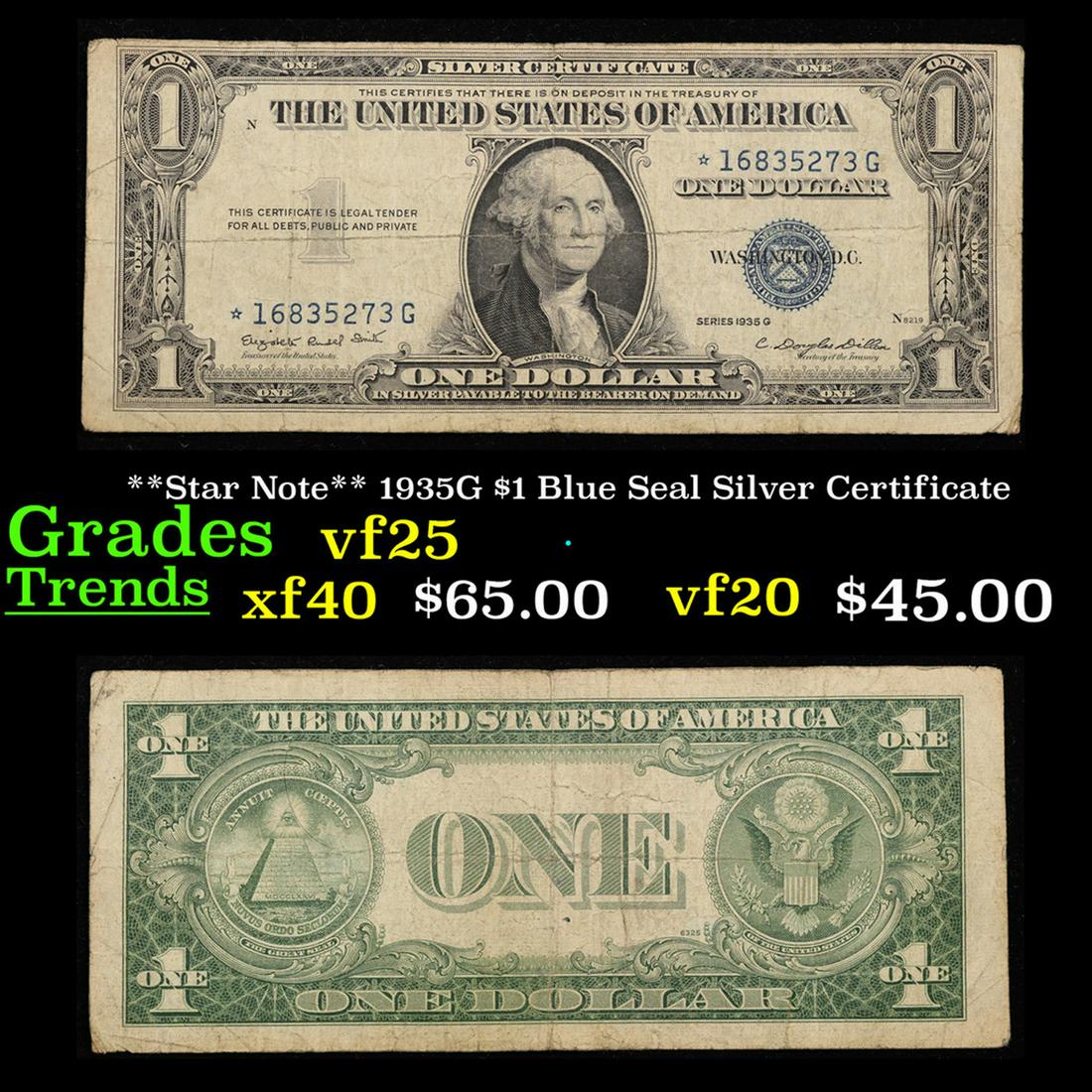 **star Note** 1935g $1 Blue Seal Silver Certificate Grades Vf+