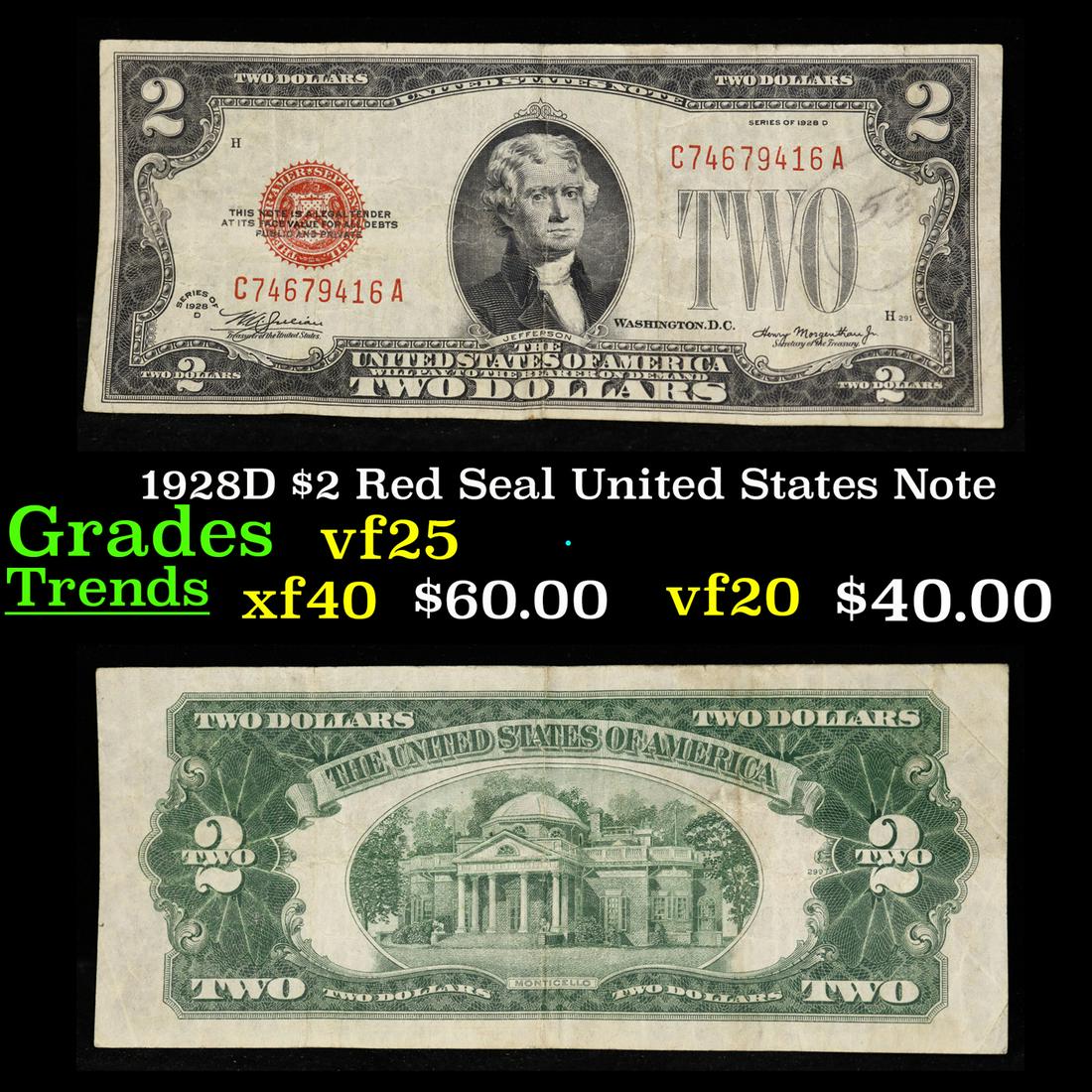 1928d $2 Red Seal United States Note Grades Vf+