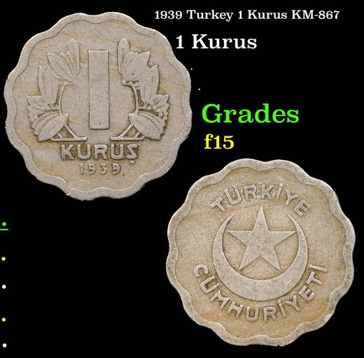 1939 Turkey 1 Kurus Km 867 Grades F+