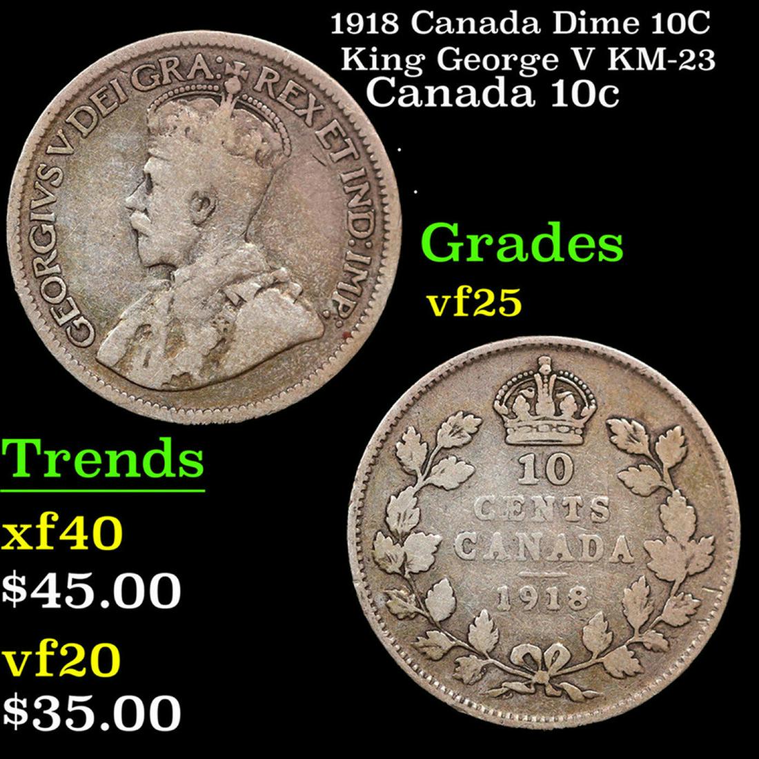 1918 Canada Dime 10c King George V Km 23 Grades Vf+